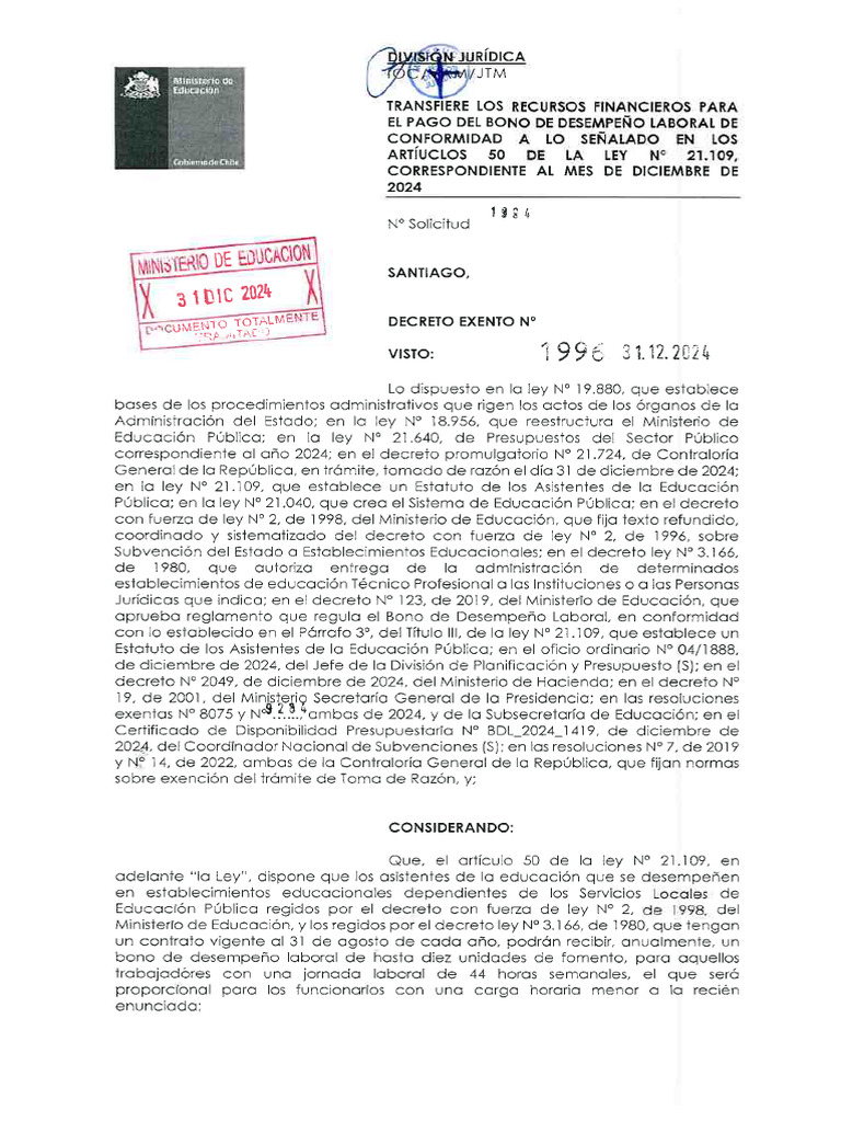 Dex. N°1996 Del 31 12 2024 Autoriza Transferencia Pago 1° Cuota BDL 2024 2025 | PDF