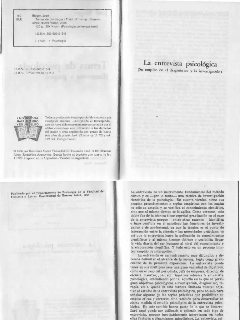 Bleger Jose La Entrevista Psicologica Su | PDF | Sicología | Observación