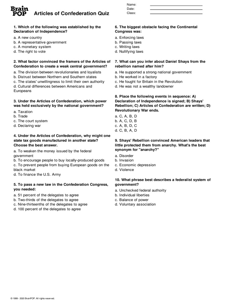 ABIGAYLE TAYLOR - BrainPOP - Articles - of - Confederation - Quiz | PDF ...