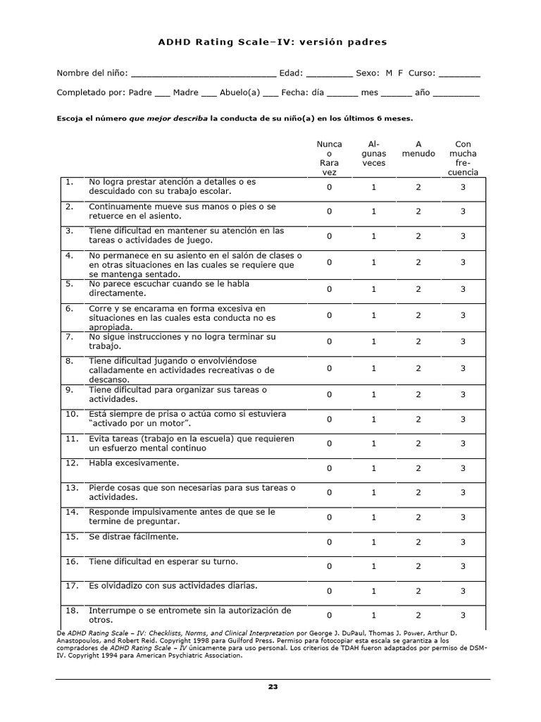 ADHD Rating Scale IV - Pais | PDF | Desorden hiperactivo y deficit de ...
