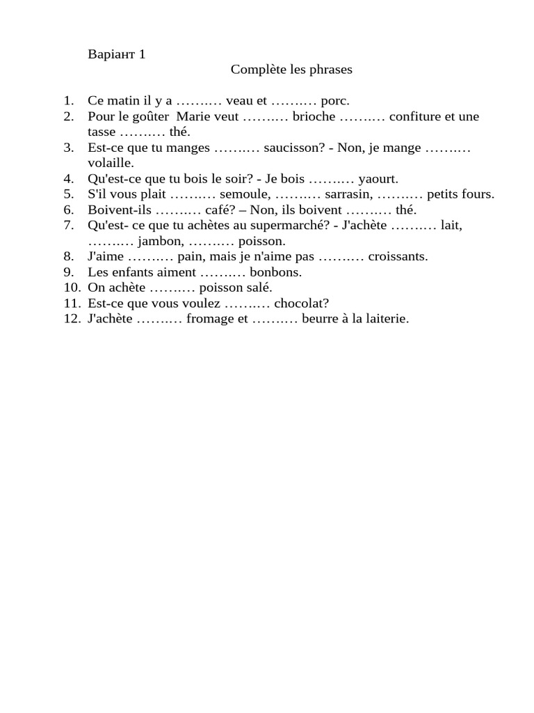 Complétion de phrases alimentaires | PDF