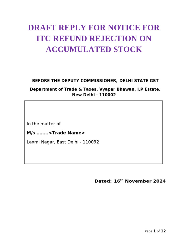 16Nov24_Draft_Template_ITC_Invereted_Duty_Rejection | PDF | Taxes ...