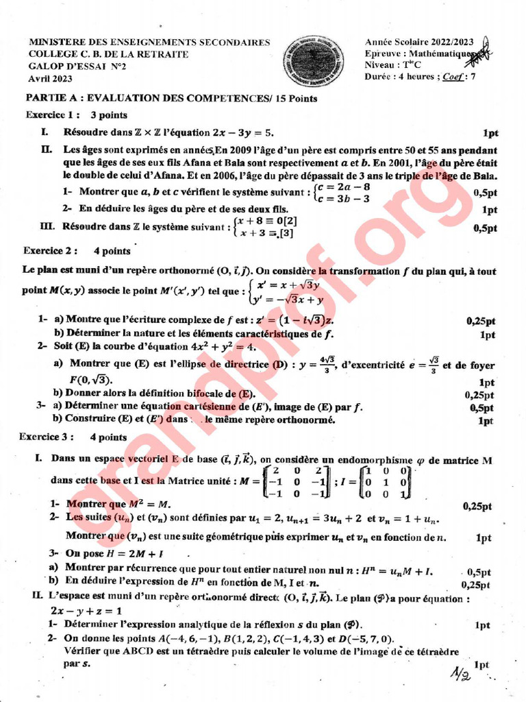 Maths TleC Bac Blanc College Retraite Avril 2023 | PDF