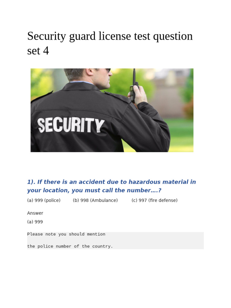 Security Guard License Test Question Set 4 | PDF | Police | Security Guard