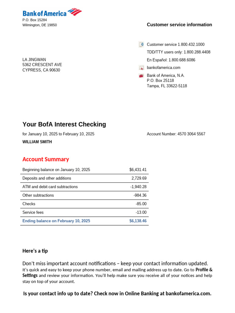 Your Bofa Interest Checking: Account Summary | PDF