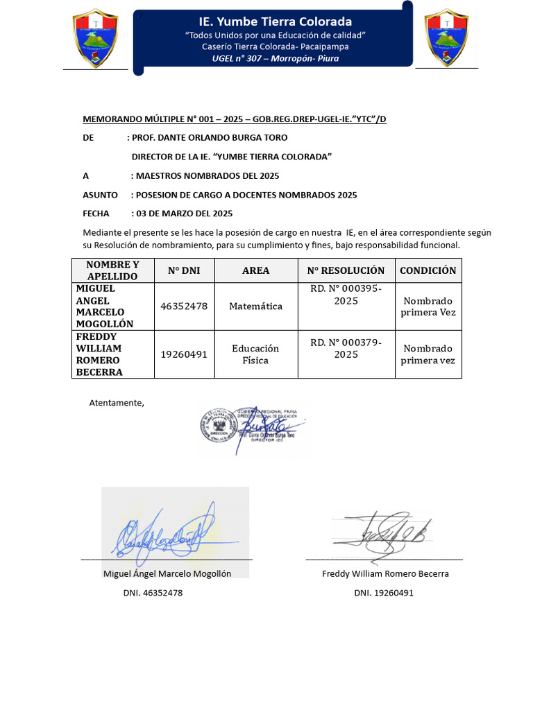 Memorando Múltiple #001 Posesión de Cargo 2025 | PDF