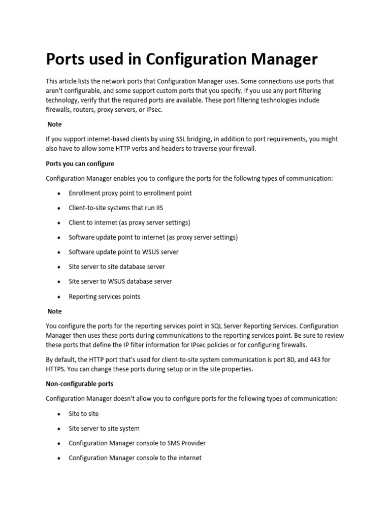 Ports Used in Configuration Manager | PDF | Port (Computer Networking) | Proxy Server