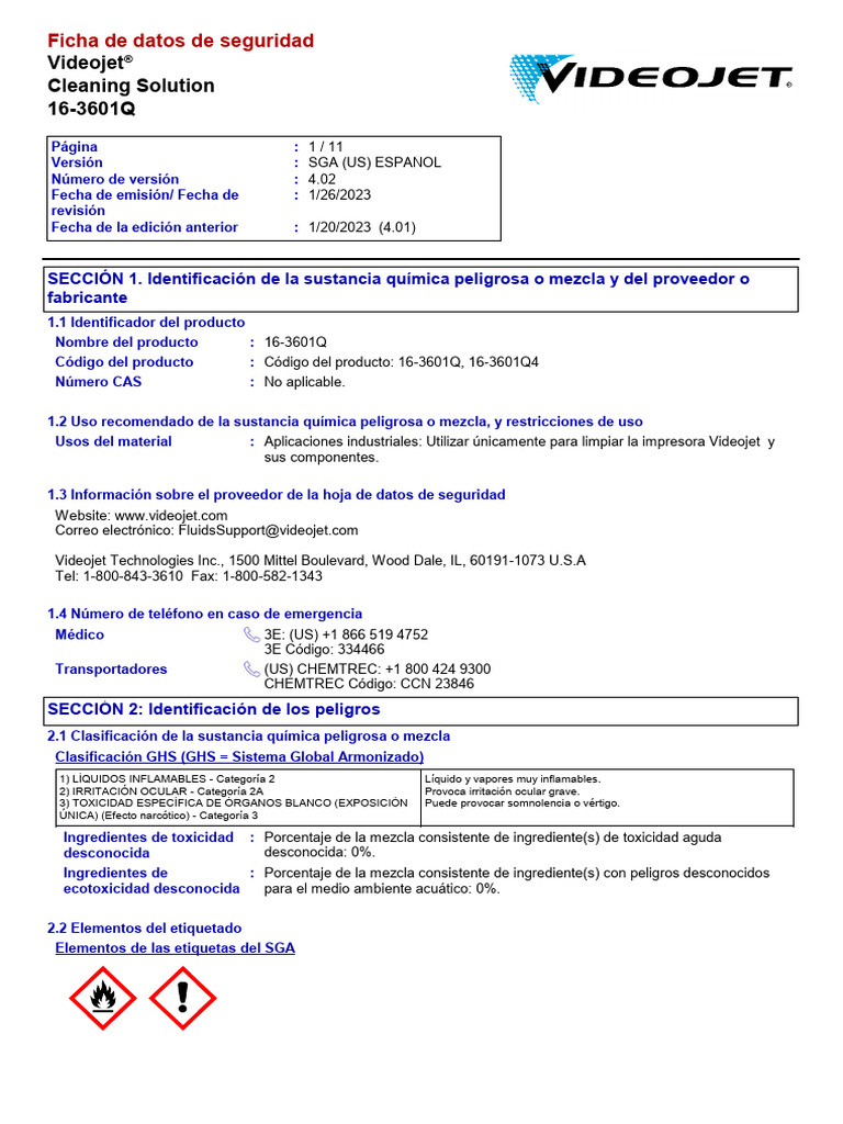 Videojet Cleaning Solution: Ficha de Datos de Seguridad | PDF | Toxicología