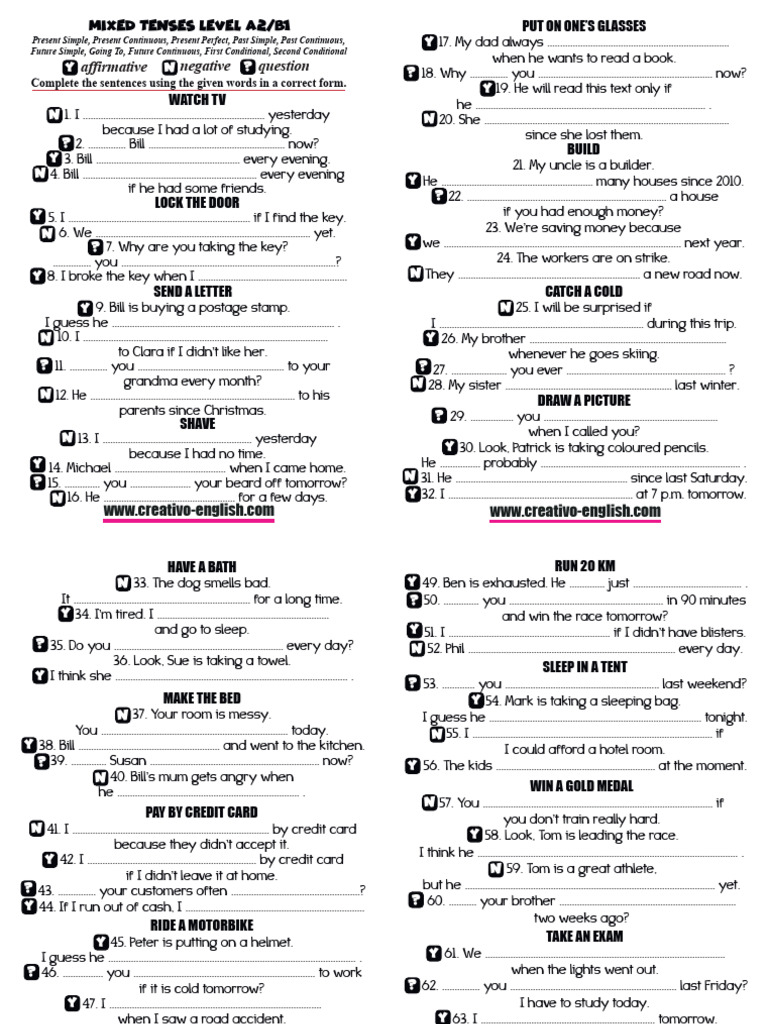 MIXED TENSES WORKSHEET A2, B1-Min | PDF