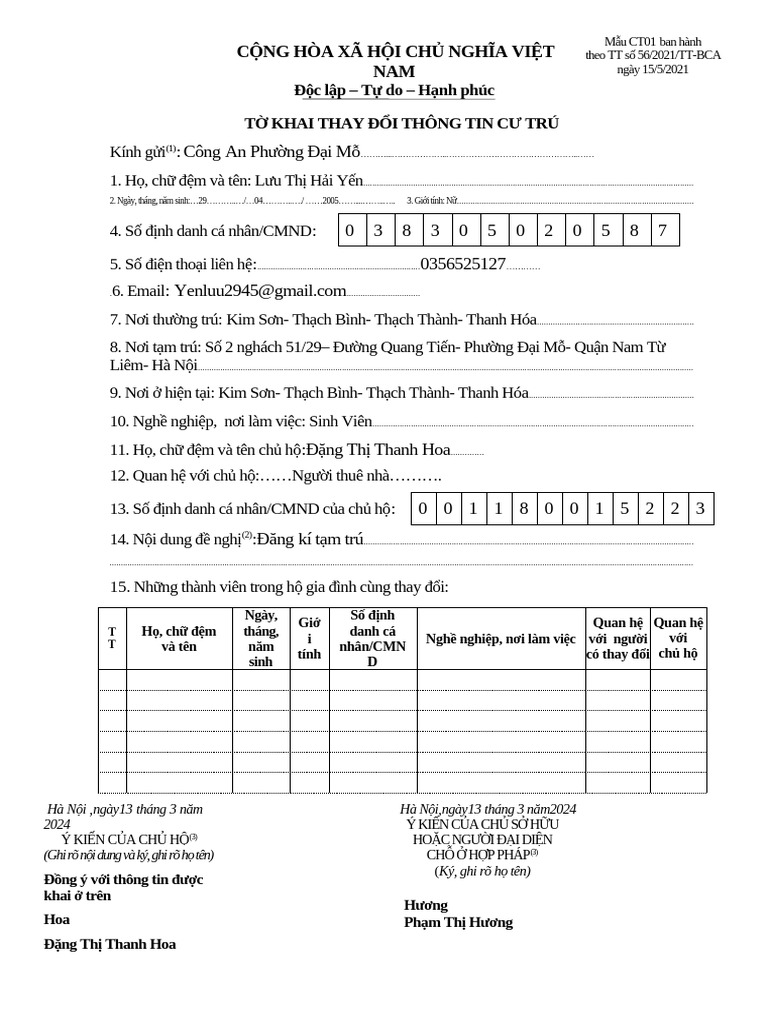 CT01 T Khai Thay Đ I Thông Tin Cư Trú | PDF