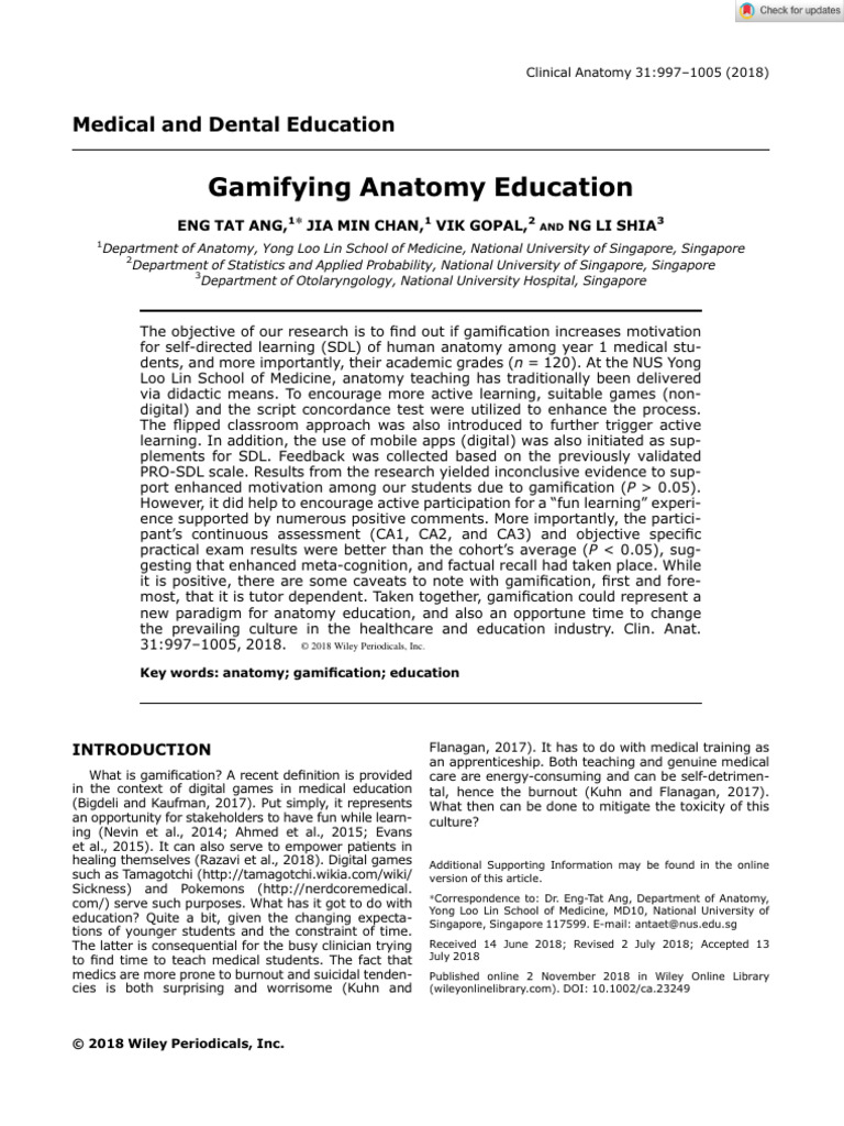 Clinical Anatomy - 2018 - Ang - Gamifying anatomy education | PDF | Behavior Modification ...
