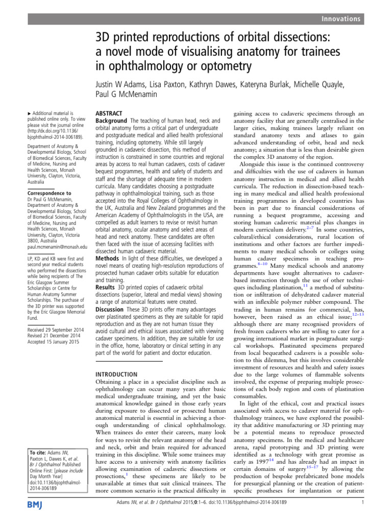 3D Printed Reproductions of Orbital Dissections | PDF | Human Head And ...
