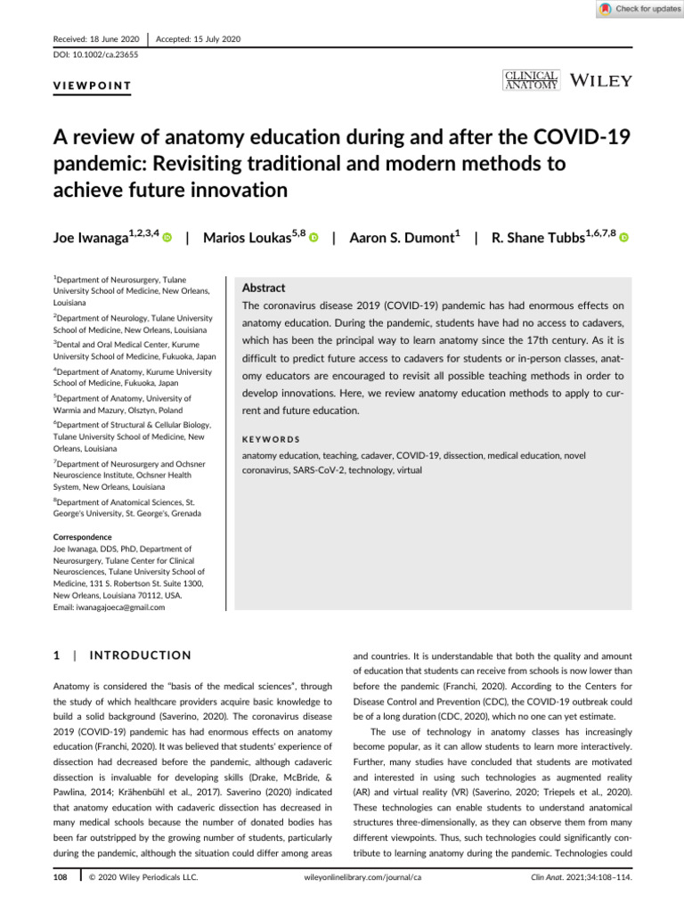 Clinical Anatomy - 2020 - Iwanaga - A Review of Anatomy Education ...