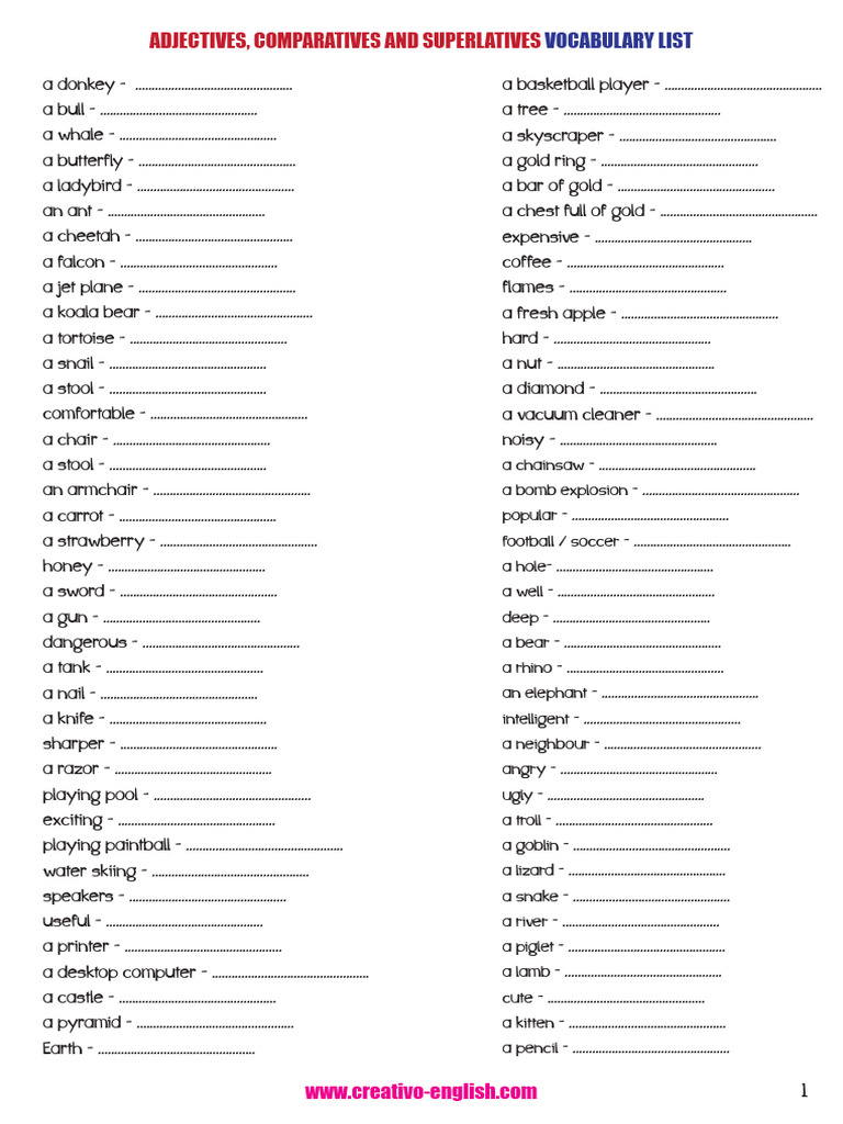 ADJECTIVES, COMPARATIVES AND SUPERLATIVES VOCABULARY LIST-min | PDF