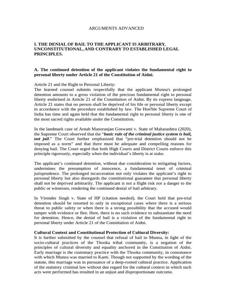 ARGUMENTS ADVANCED. Ernakulam Petitoner Side | PDF | Bail | Detention ...
