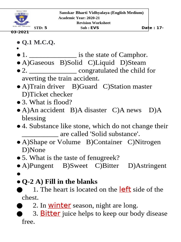 Evs Revision Answer Paper 2021 | PDF