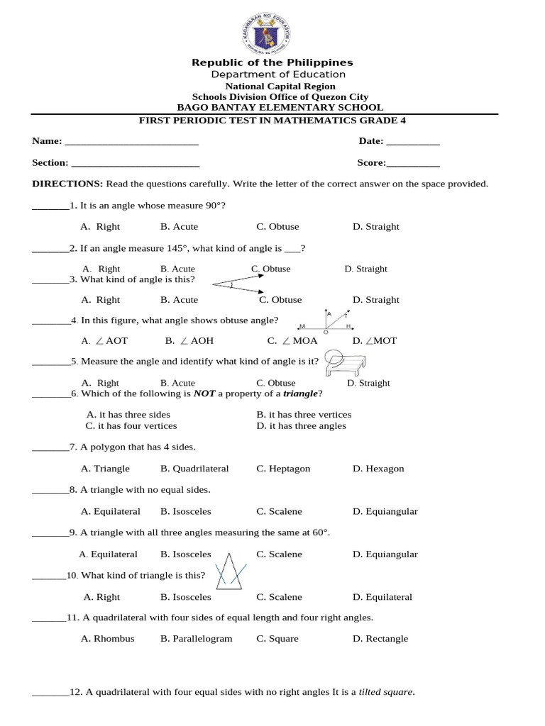 1st Periodical Test Math IV SY 2024 2025 | PDF | Triangle | Rectangle