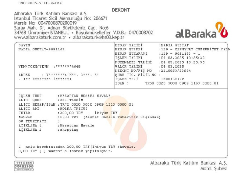 Albaraka Turk Mobile Branch Your Receipt - 20250304102537 | PDF