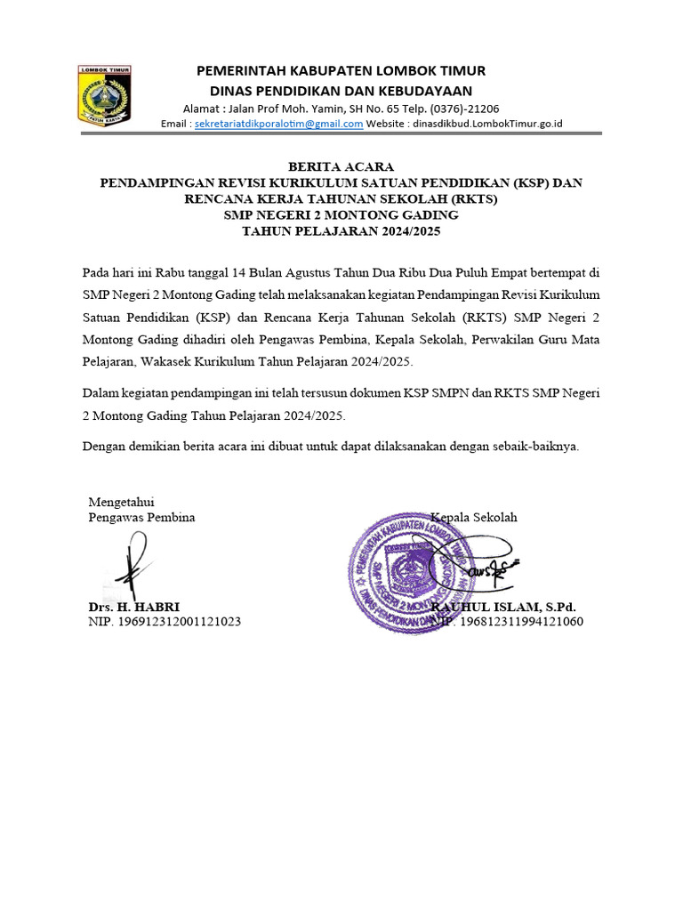 Berita Acara Pendampingan KOSP Dan Revisi RKT | PDF