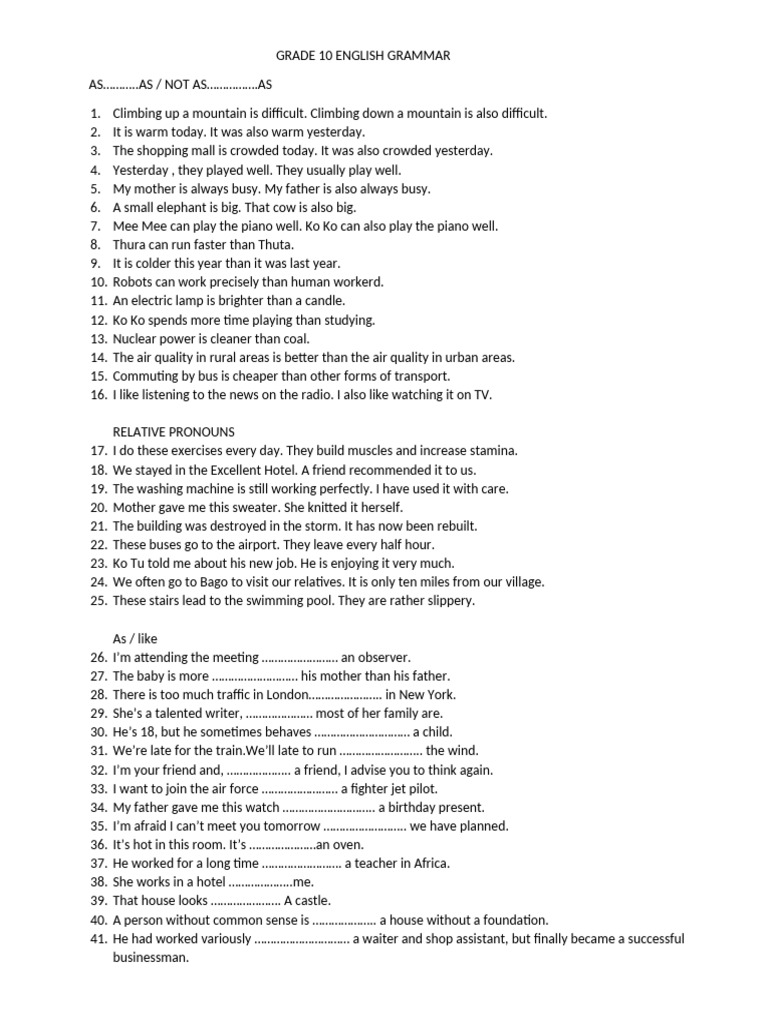 Grade 10 English Grammar | PDF