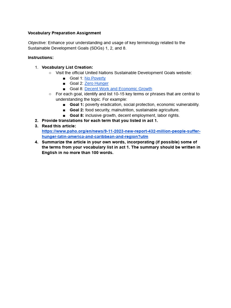 SDGs Vocabulary Assignment Guide | PDF