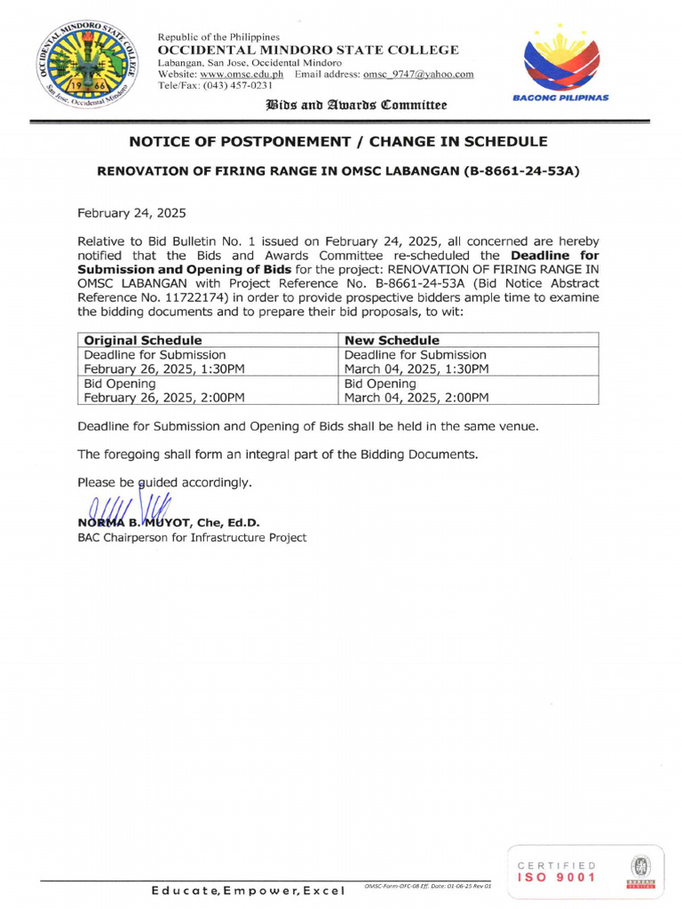 Notice of Postponement Change in Schedule | PDF