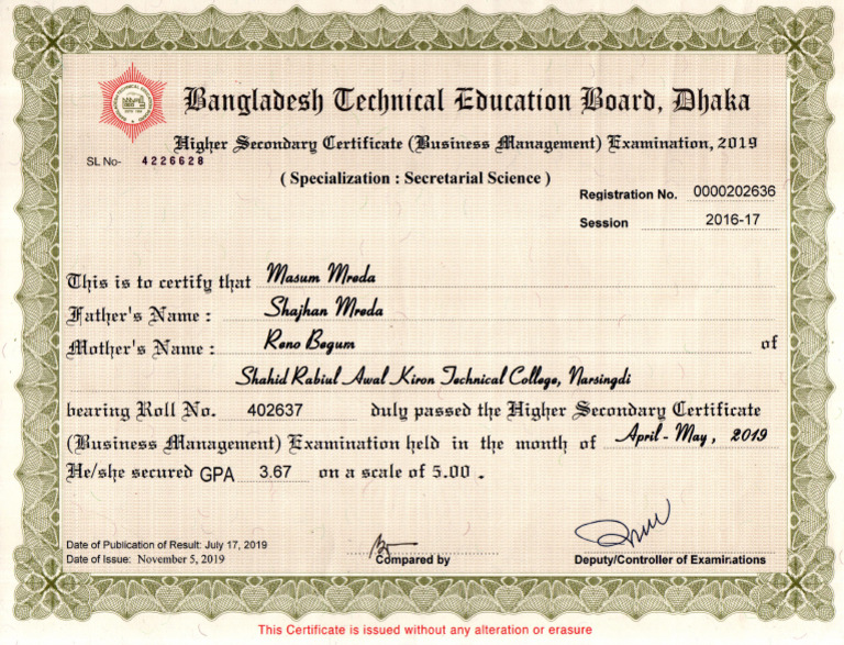 Hsc Certificate | PDF