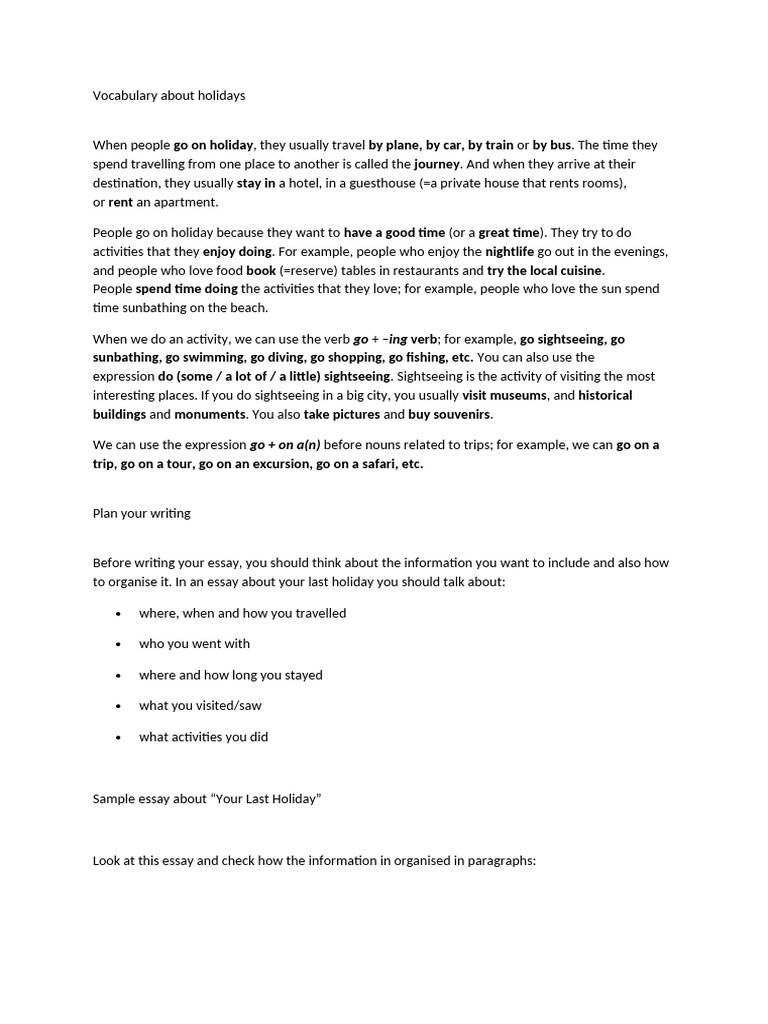 Vocabulary About Holidays | PDF | Tourism