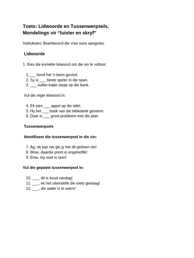 Toets - Lidwoorde en Tussenwerpsels | PDF