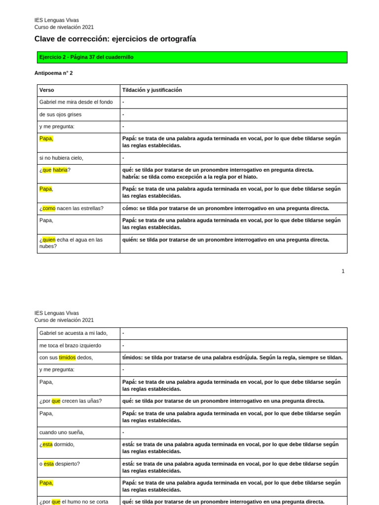 Clave - de - Correccion - Ortografia - ACENTUACION - Y - TILDACION ...