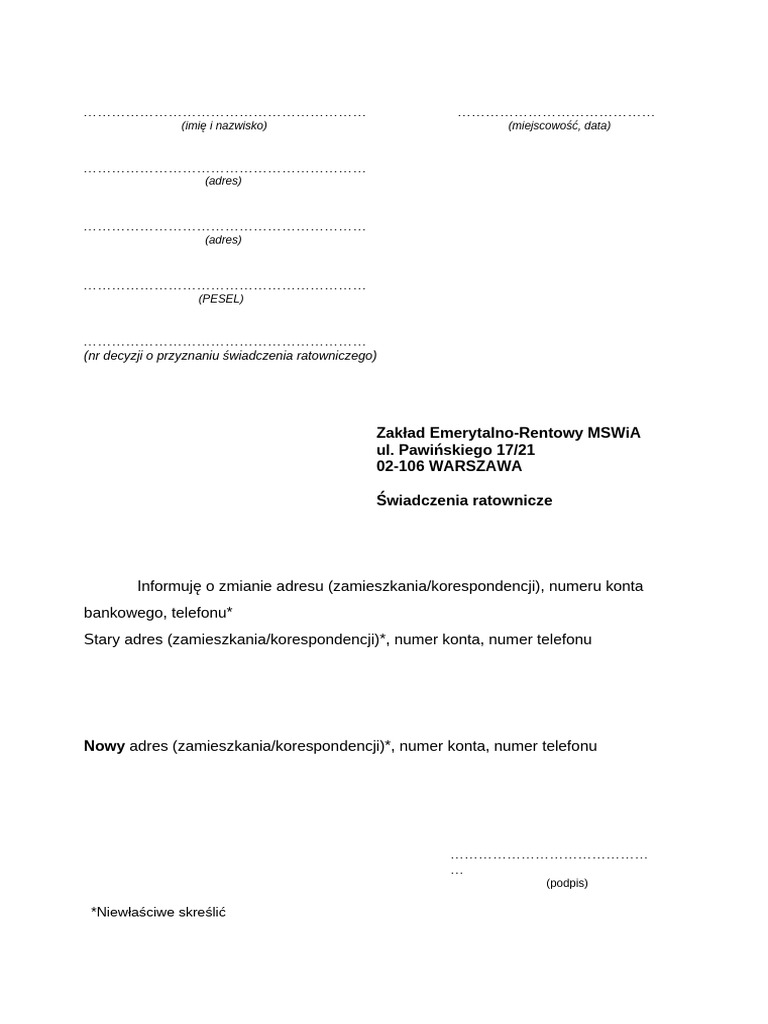 Oświadczenie Zmiana Rachunku Bankowego Lub Adresu | PDF