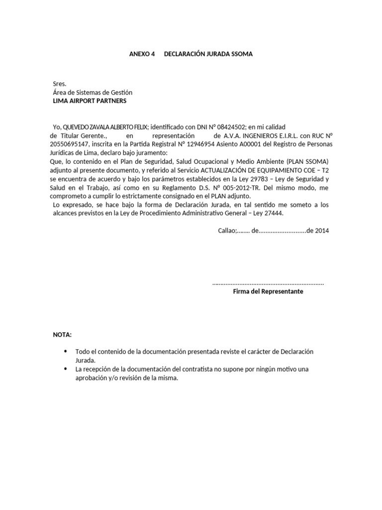 Anexo 07 - Declaración Jurada SSOMA | PDF
