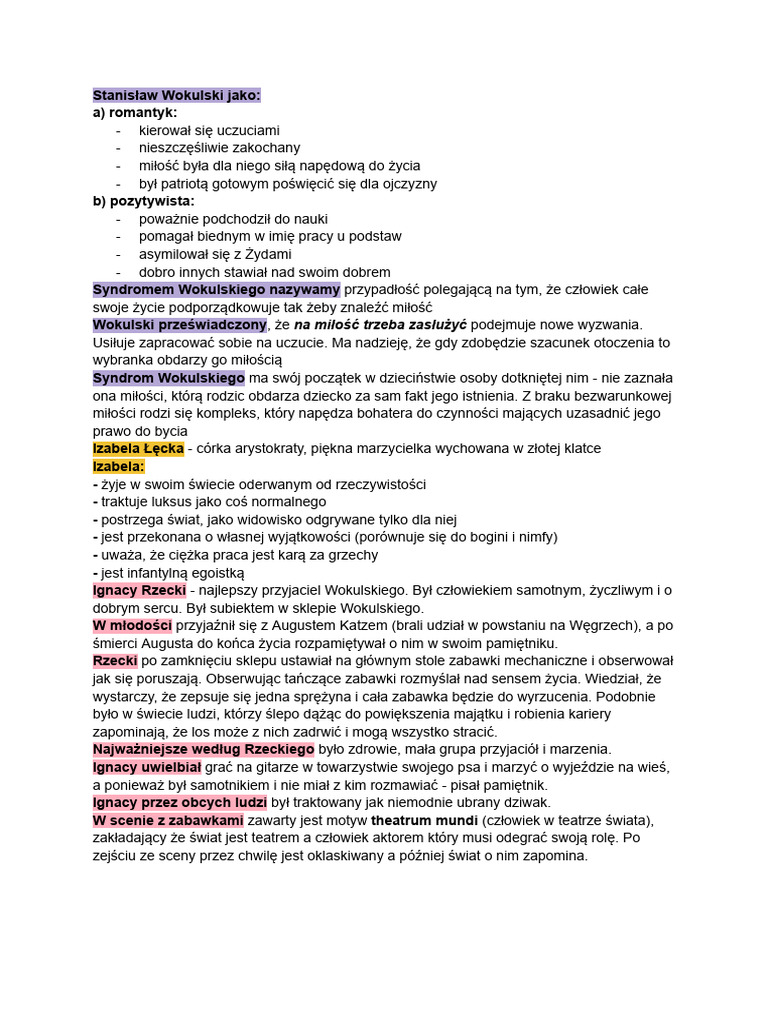 Lalka - Wokulski, Łęcka, Rzecki, Płaszczyzna Społeczna | PDF