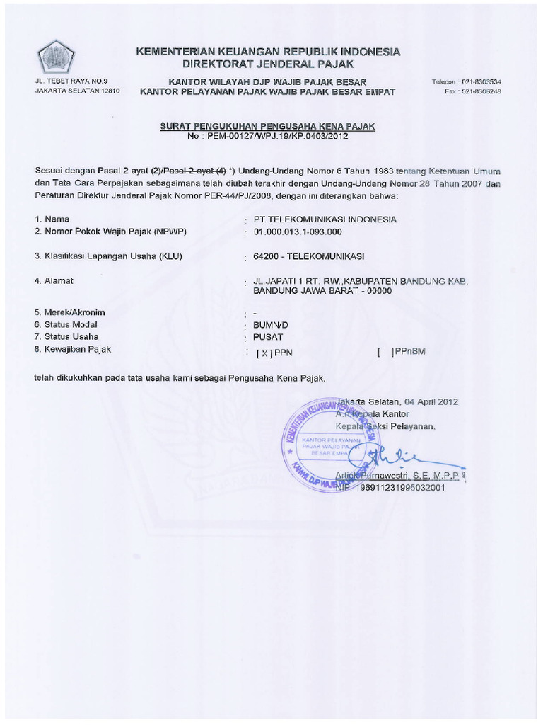 2012 Apr 4 - SKT-SPPKP Telkom (NPWP Telkom Baru 2012) | PDF