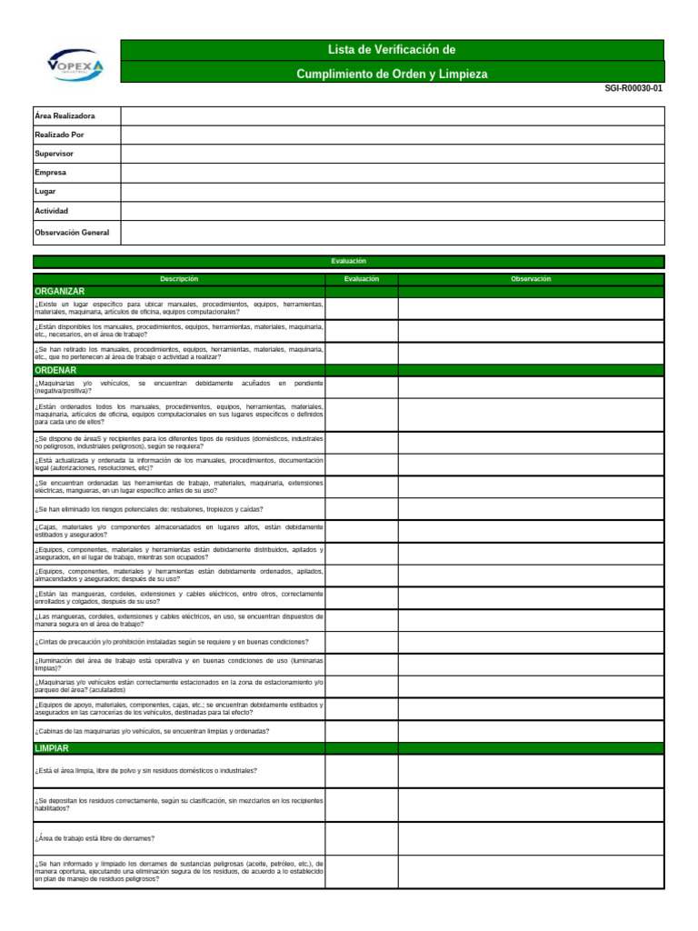 4- Checklist de Orden y Limpieza | PDF | Residuos