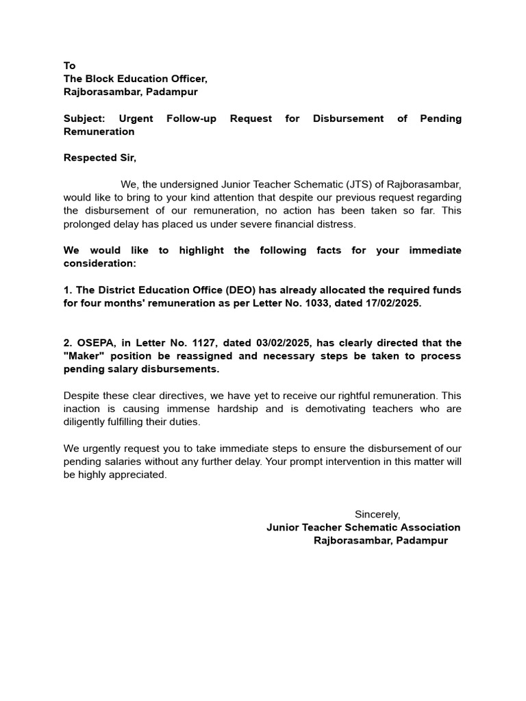 Remuneration Disbursement Letter To BEO | PDF