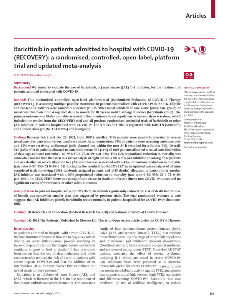 Baricitinib in Patients Admitted To Hospital With | PDF | Randomized Controlled Trial | Medicine