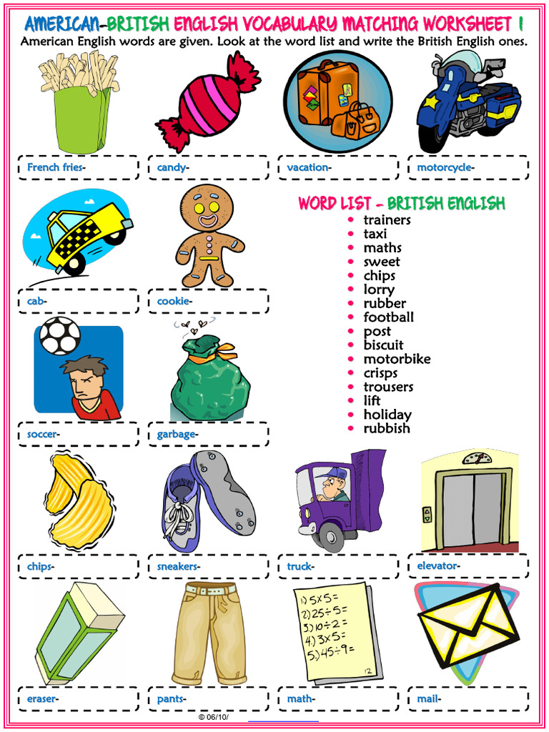American British English Vocabulary Esl Matching Exercise Worksheets ...