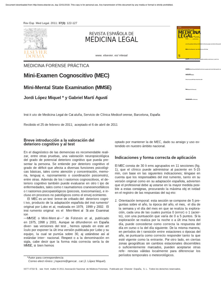 MMSE Mini examen cognoscitivo | PDF