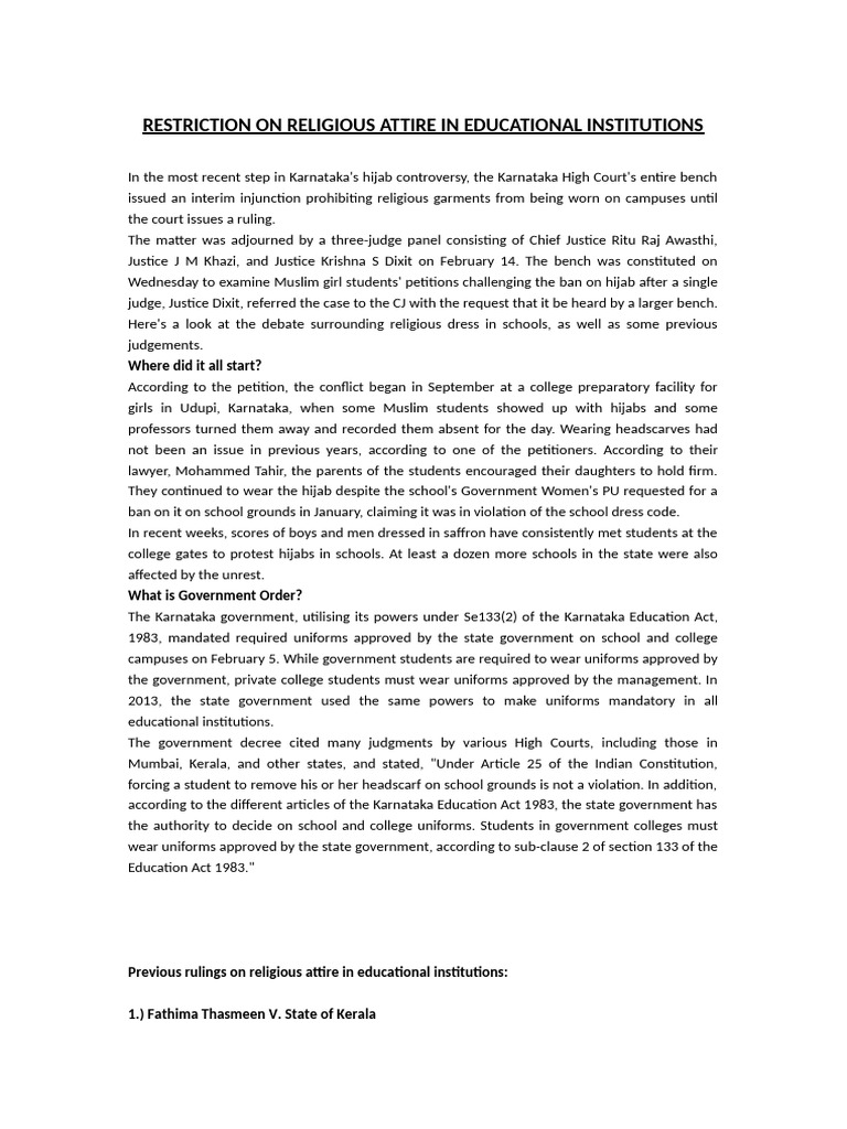 Restriction On Religious Attire in Educational Ins | PDF | Hijab | Clothing
