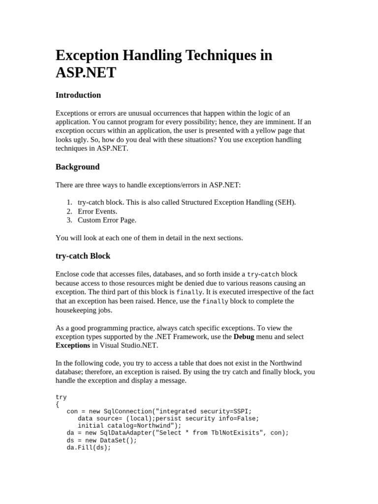 22aefexception Handling Techniques in ASP | PDF | World Wide Web ...