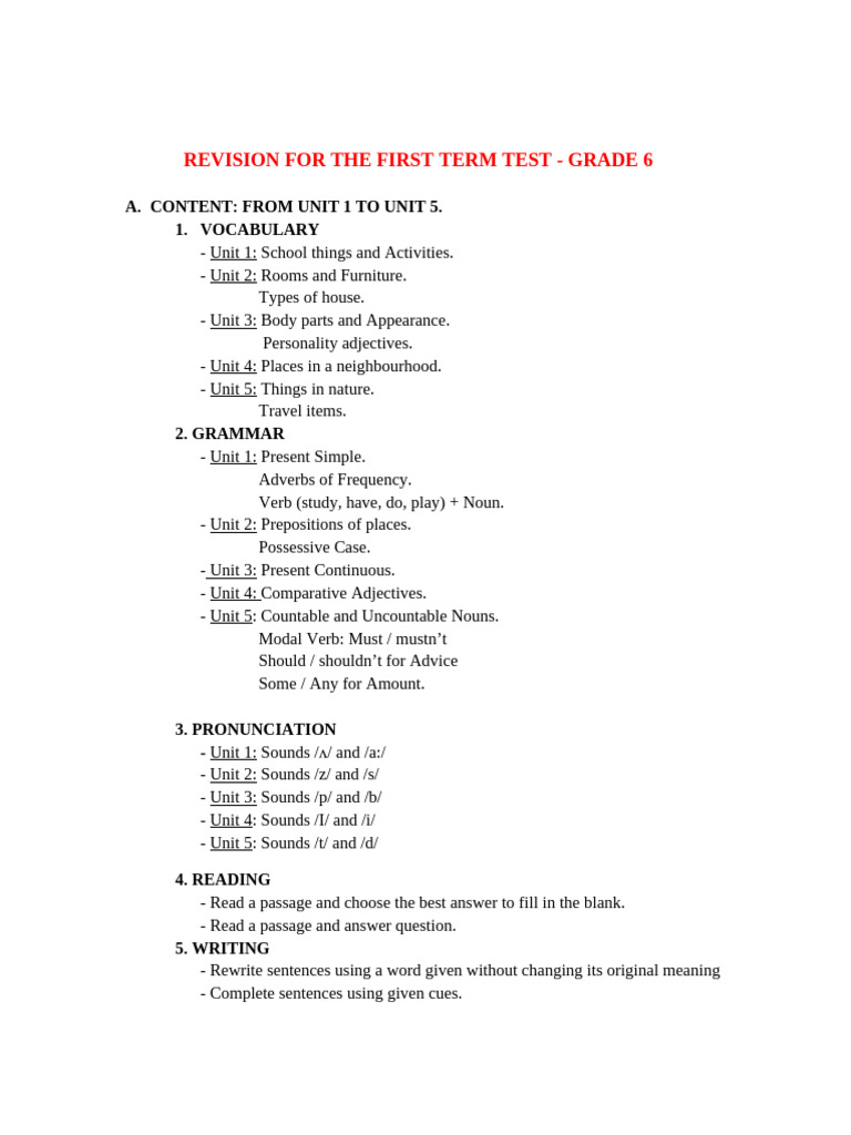 REVISION FOR THE FIRST TERM TEST Grade 6 | PDF | Noun | Adjective