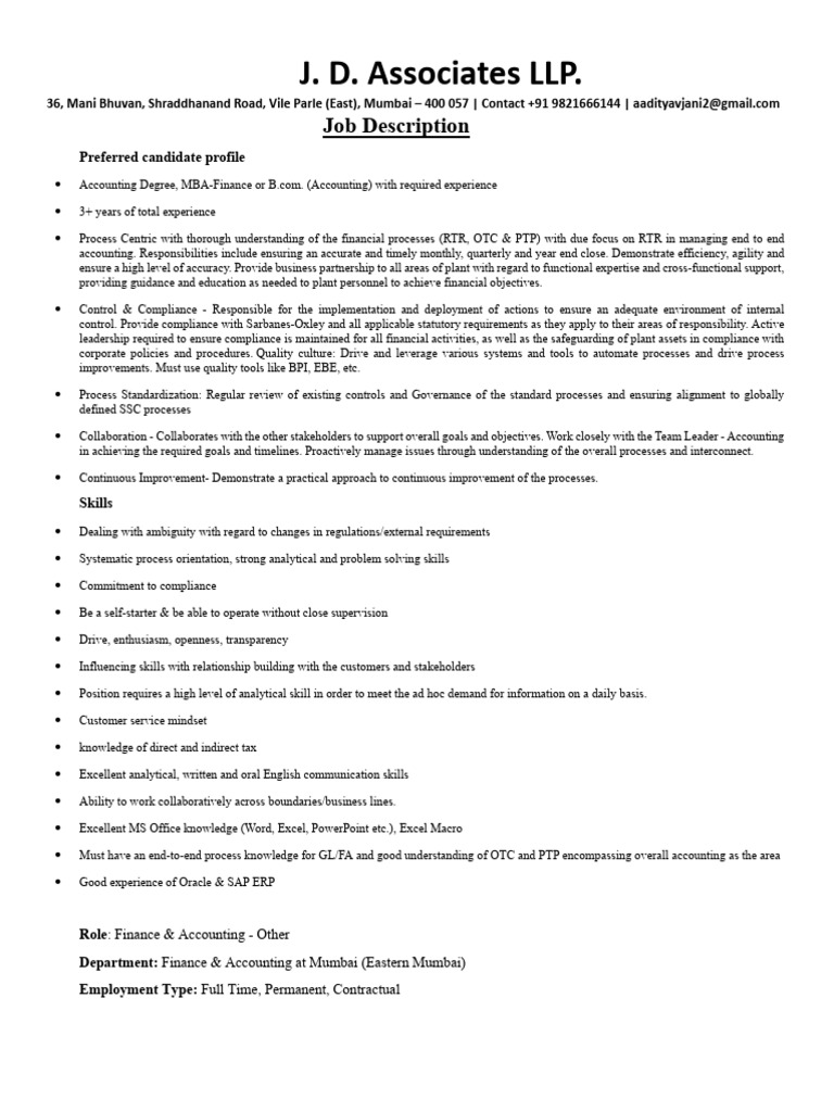 Job Description (J D Associates LLP) | PDF | Regulatory Compliance ...