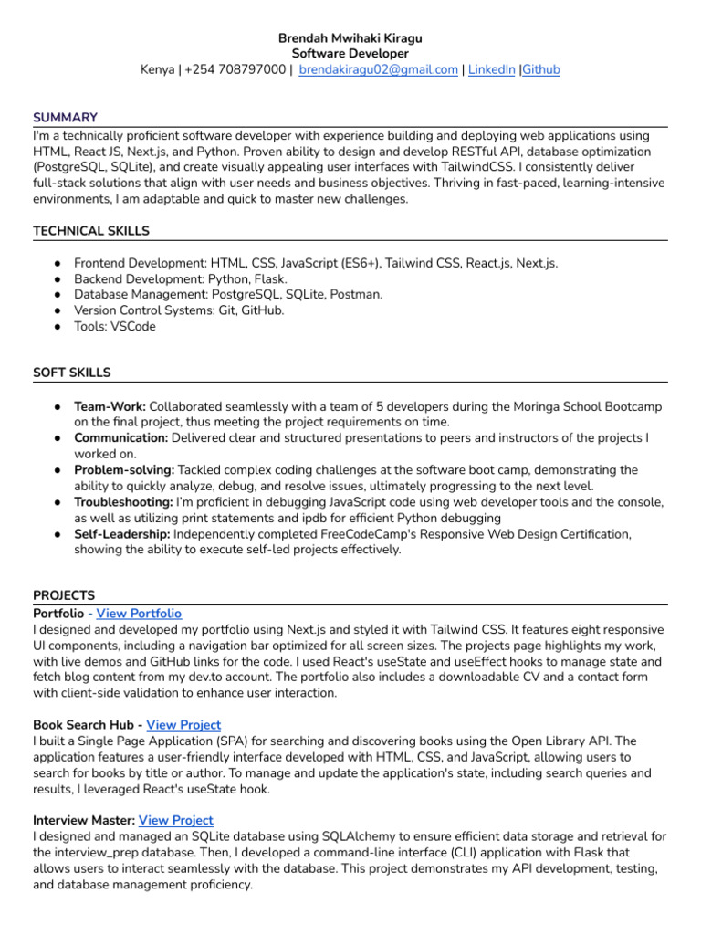Brendah Kiragu Software Developer | PDF | Databases | Web Design