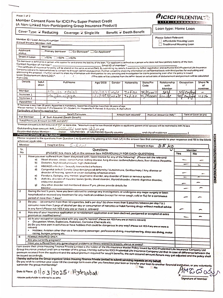 ICICI INSURANCE FORM OF MAJJIKA Odaiah | PDF