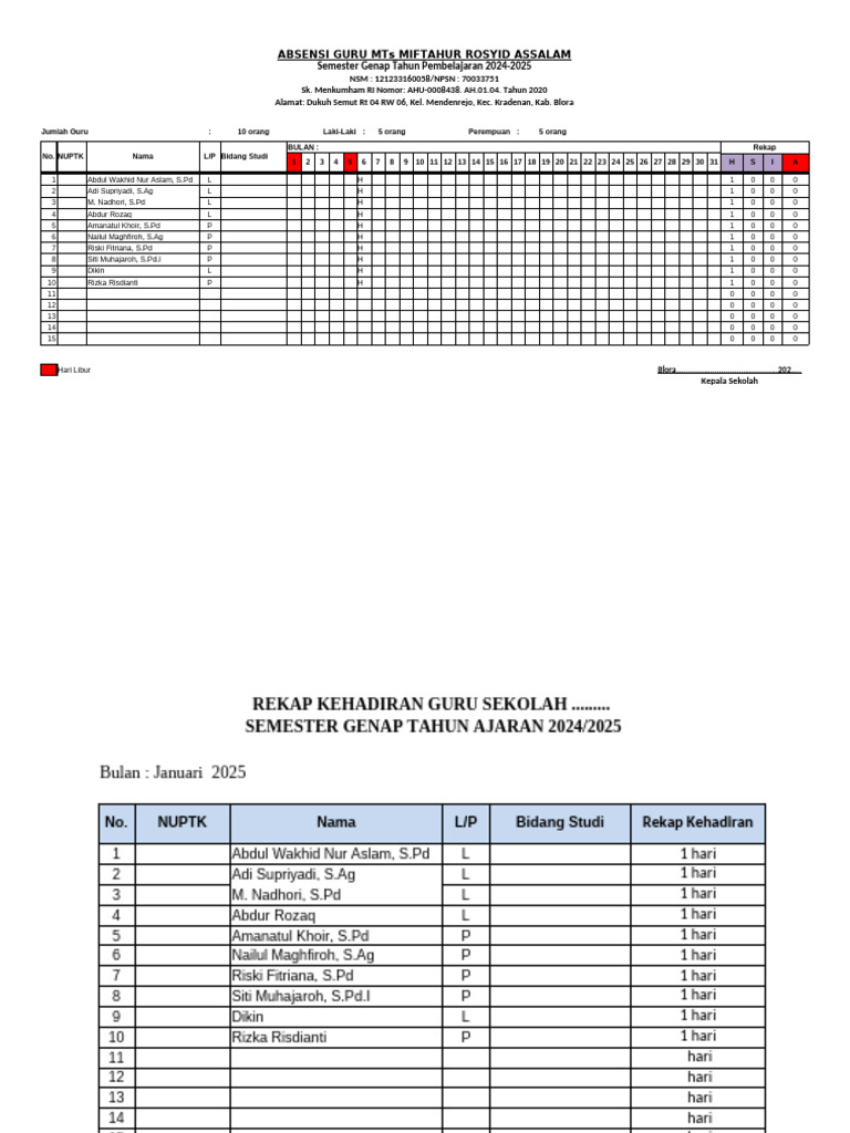 Format Absensi Guru Excel Ori | PDF