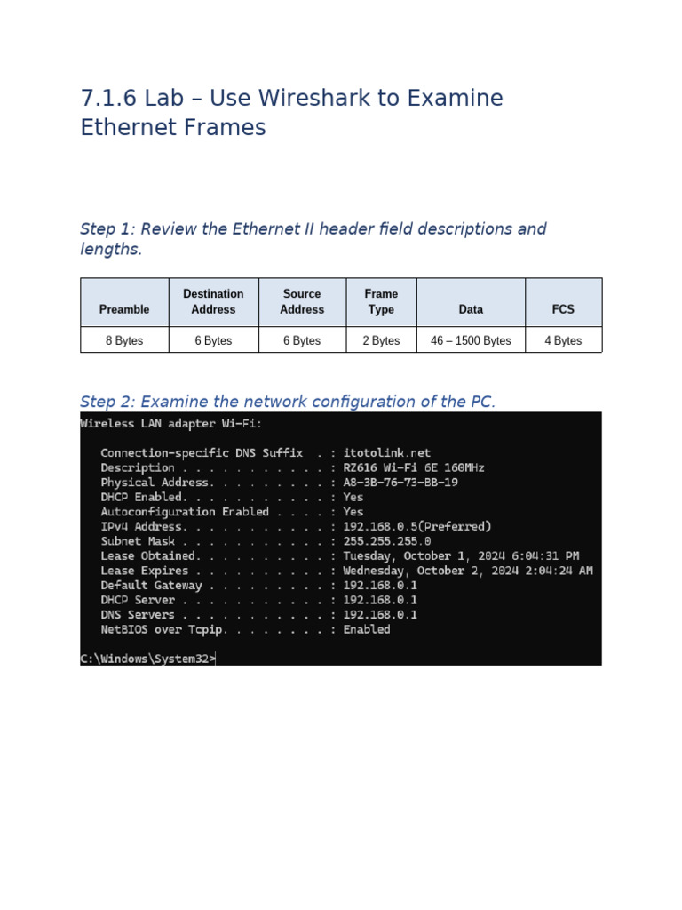 Analyze Ethernet Frames with Wireshark | PDF