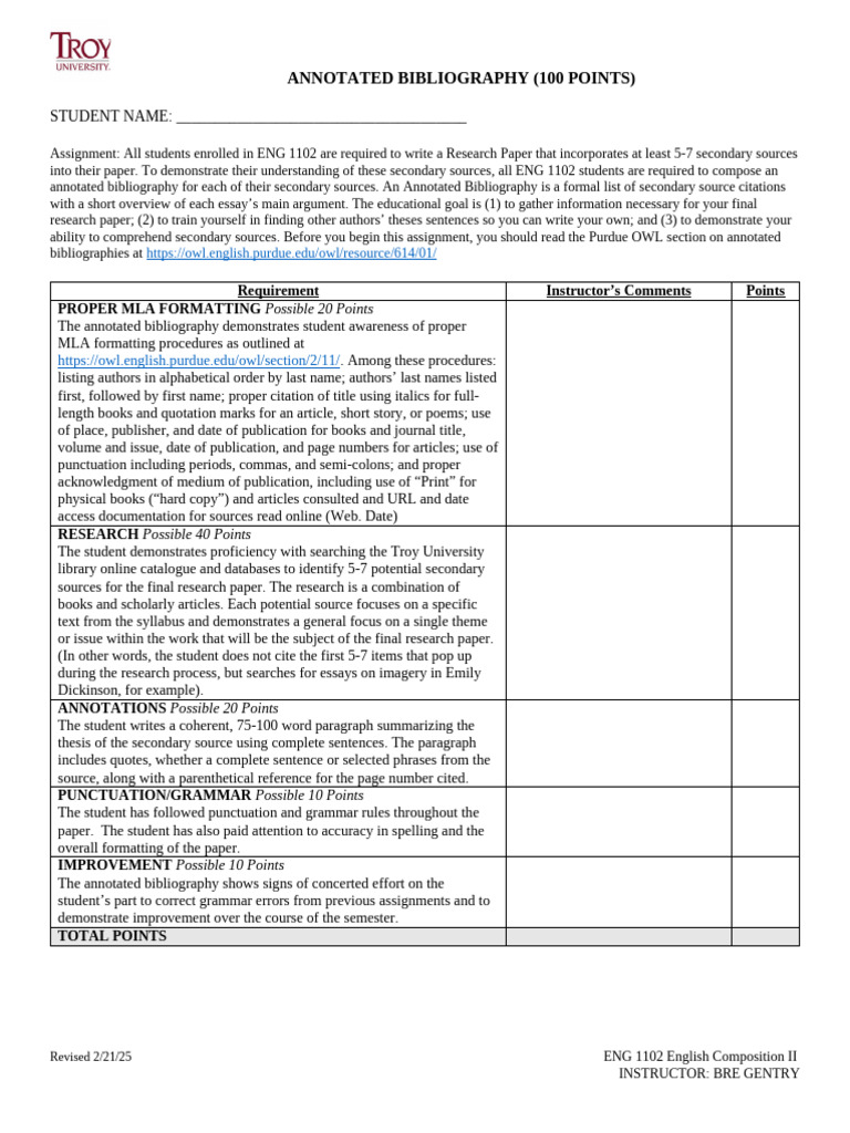 ENG 1102 Annotated Bibliography Grading Sheet | PDF | Citation ...