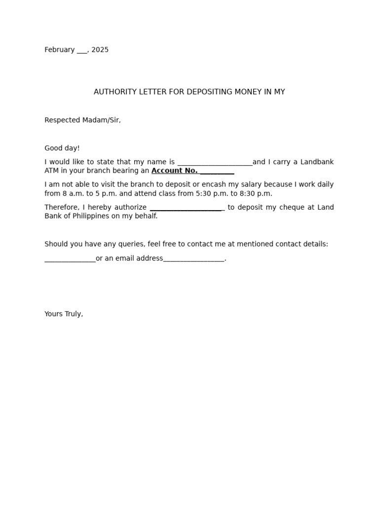 Authority Letter for Bank Deposit | PDF