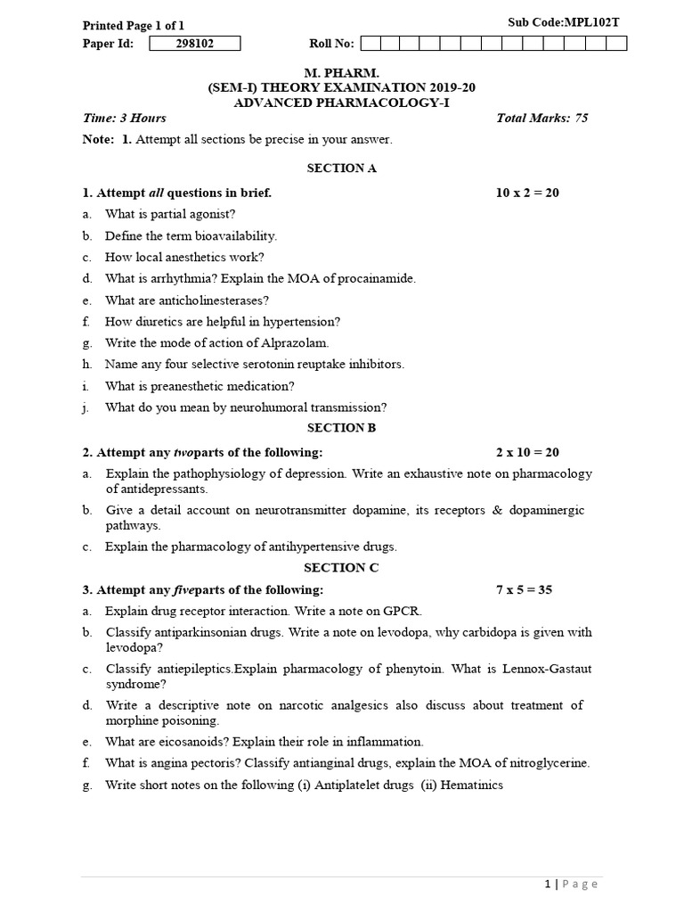 2020 Mpharm-1-Sem-Advanced-Pharmacology-1-Mpl102t | PDF | Pharmacology | Neurochemistry